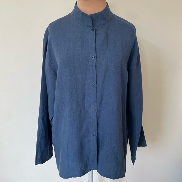 Eileen Fisher | Tops | Eileen Fisher 0 Linen Blue Mandarin Collar Long ...